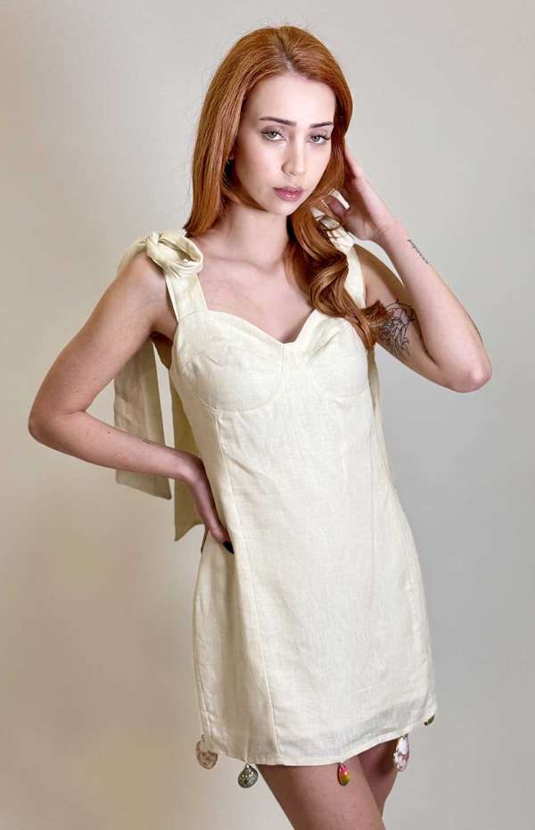 MINI PURE LINEN DRESS WITH SHELLS
