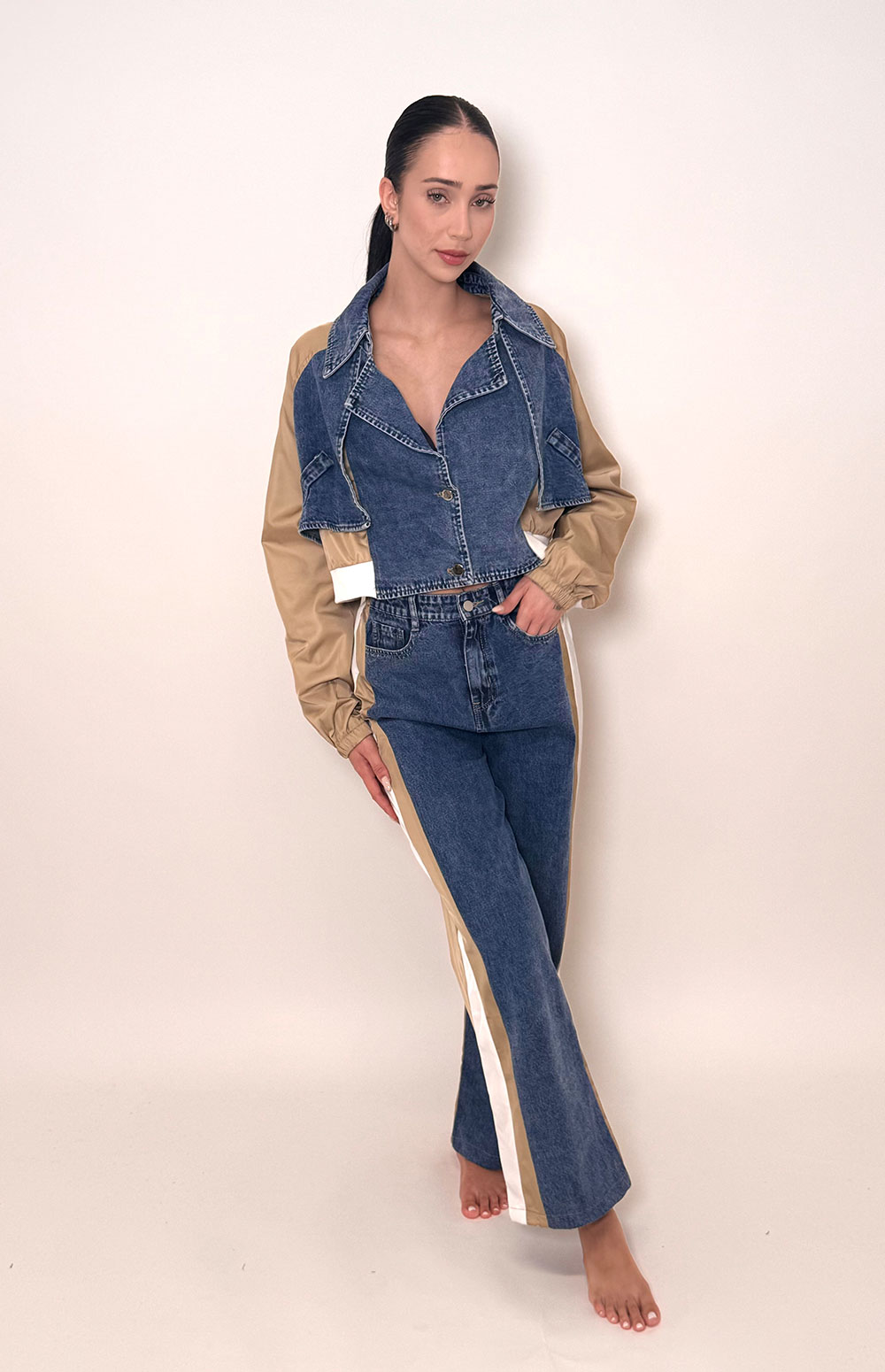 CO-ORD DENIM PATCHWORK CROPPED JACKET AND PANTS | BEIGE