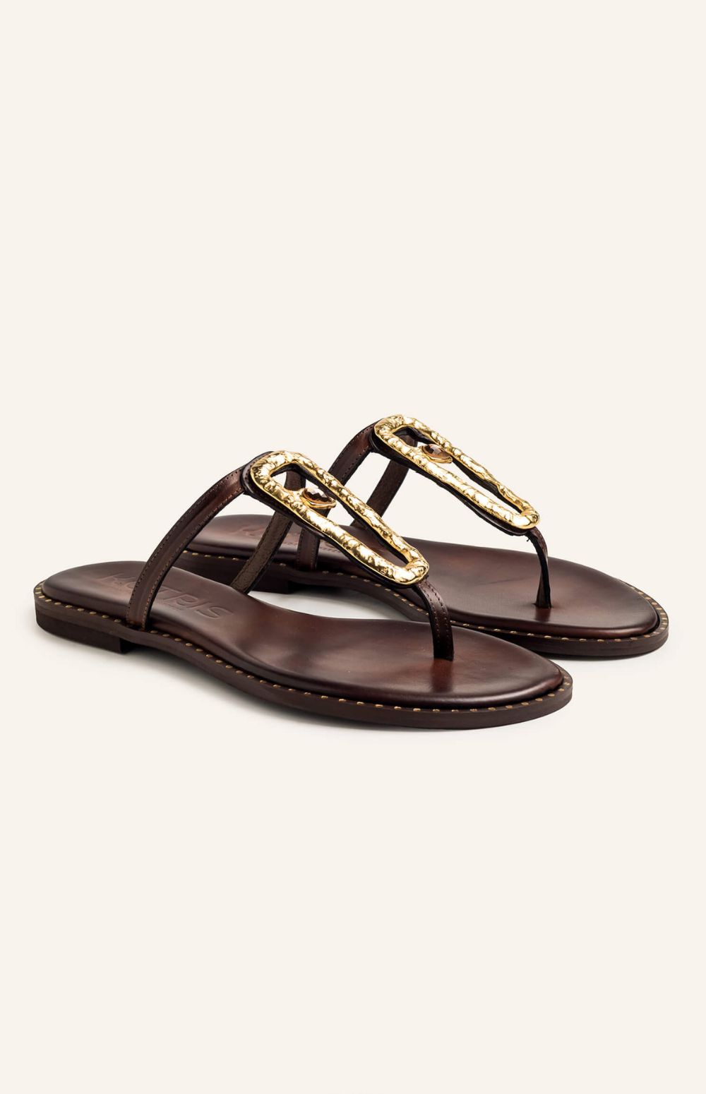 MAKIS KOTRIS LEATHER SANDALS WITH GOLD DETAIL | BROWN